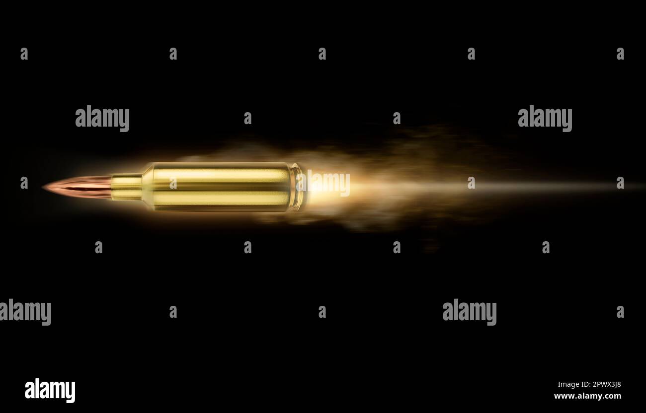 Moving Gun Bullet Shot and fire sparkles. on black background. 3d ...