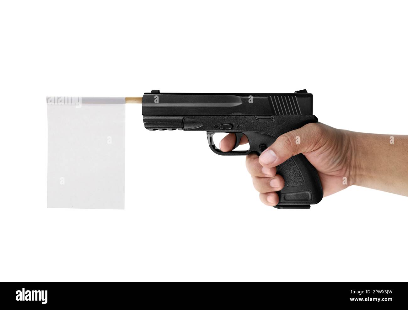 White flag from a gun isolated on a white background Stock Photo - Alamy