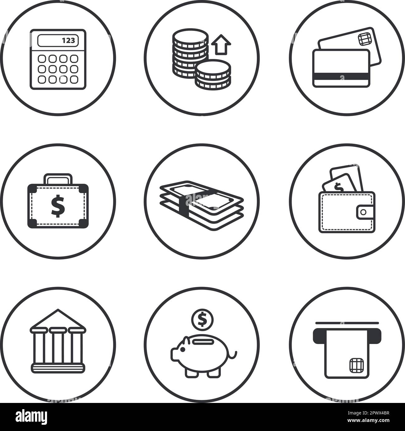 Vector set of line black finance icons. Bank, money signs Stock Vector ...