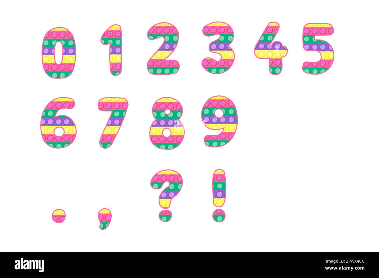 Pop it fidget toy style numbers and symbolst. Neon pink, yellow, violet, green colors. Vector ...