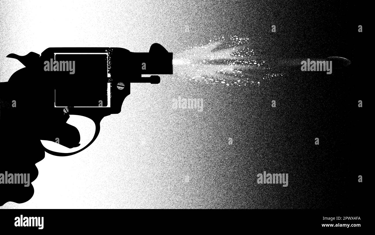 A snub nose revolver pistol firing with muzzle flash and speeding ...