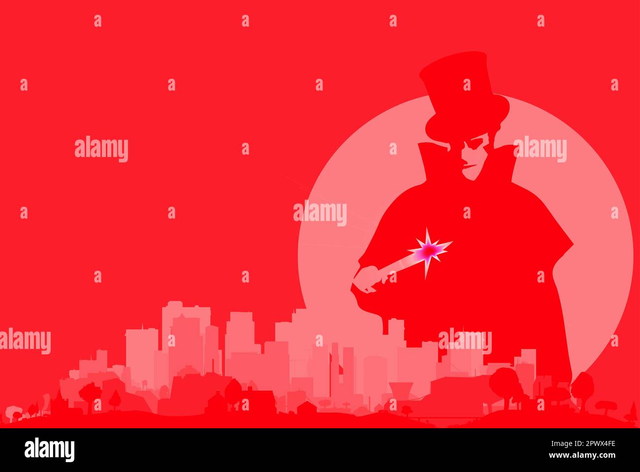 Jack the Ripper hovering over a red cityscape with a full moon Stock ...