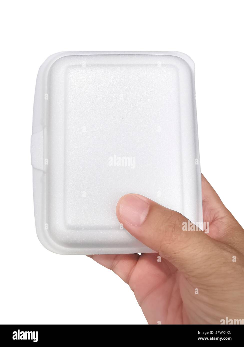 Hand holding foam box food on white background Stock Photo - Alamy