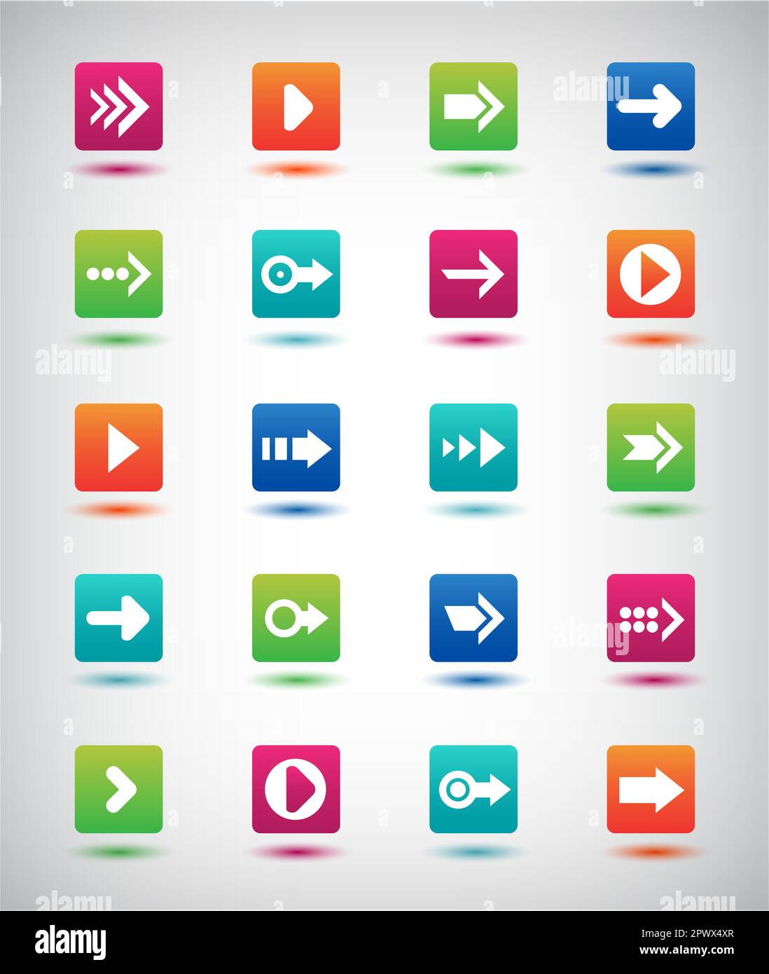 Vector arrow sign icon set. Simple square shape internet button on gray ...