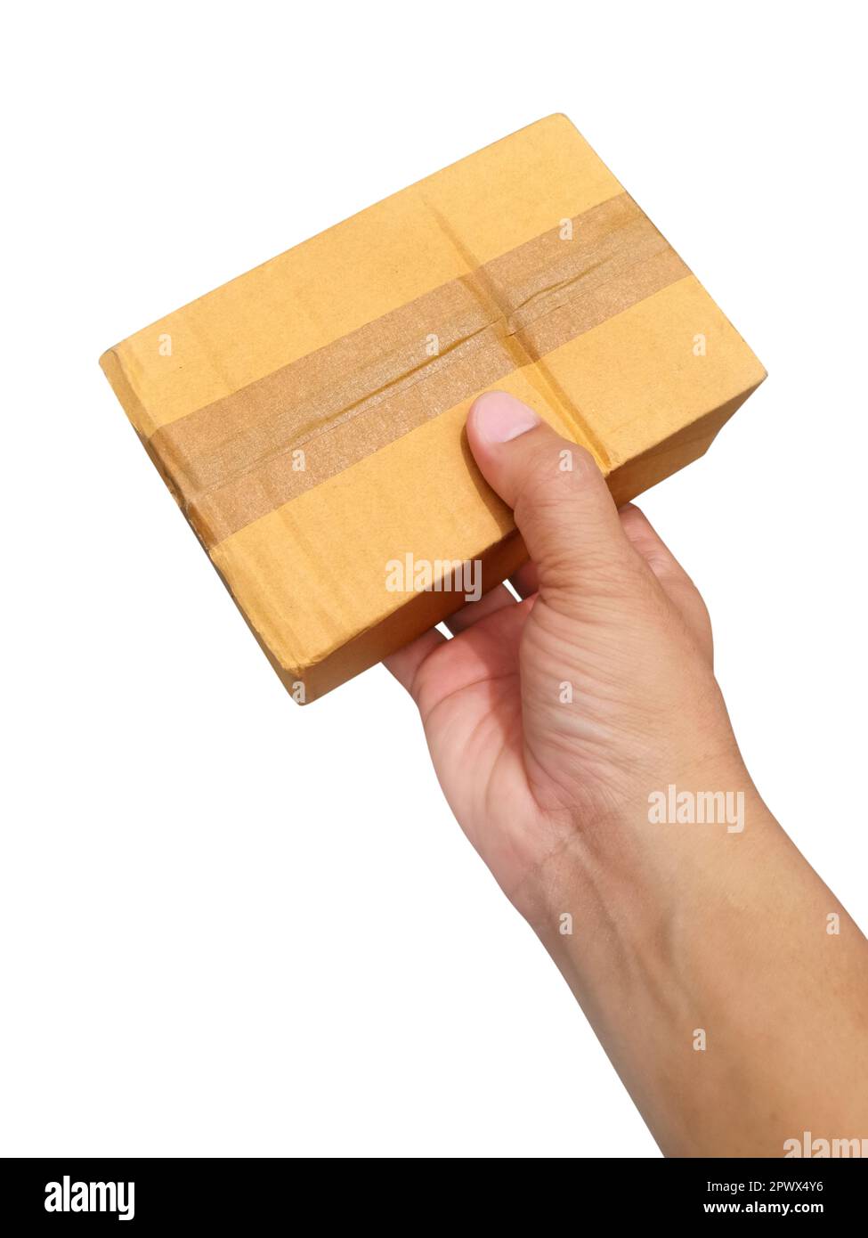 hand holding brown paper box package isolated on white background Stock ...