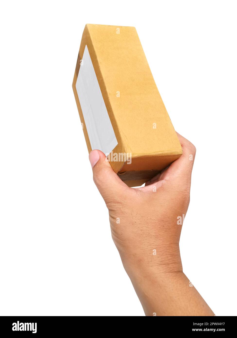 hand holding brown paper box package isolated on white background Stock ...