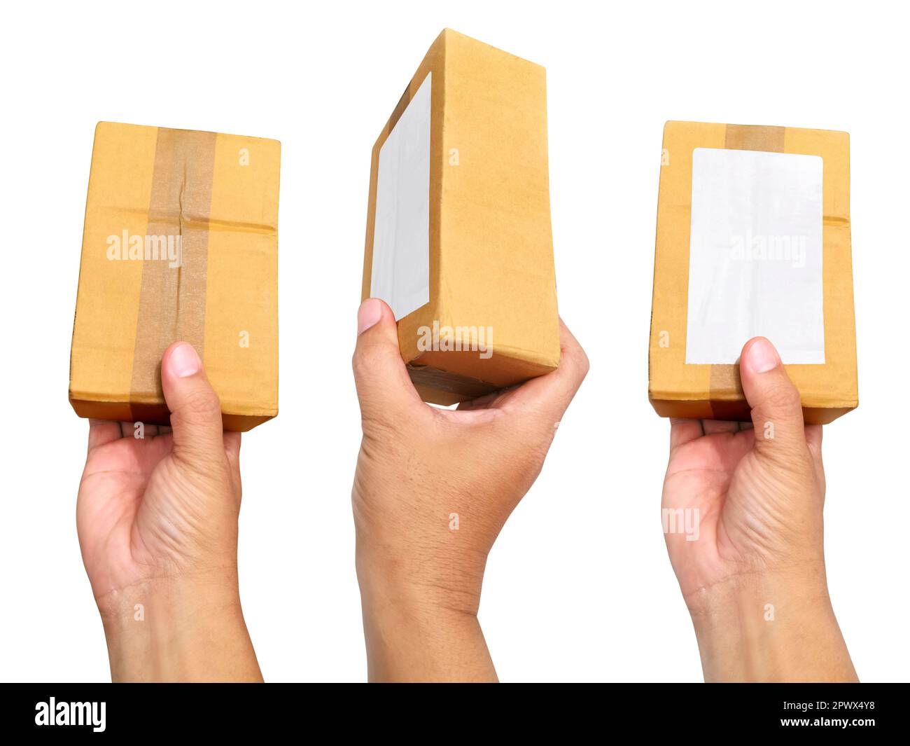 hand holding brown paper box package isolated on white background Stock ...