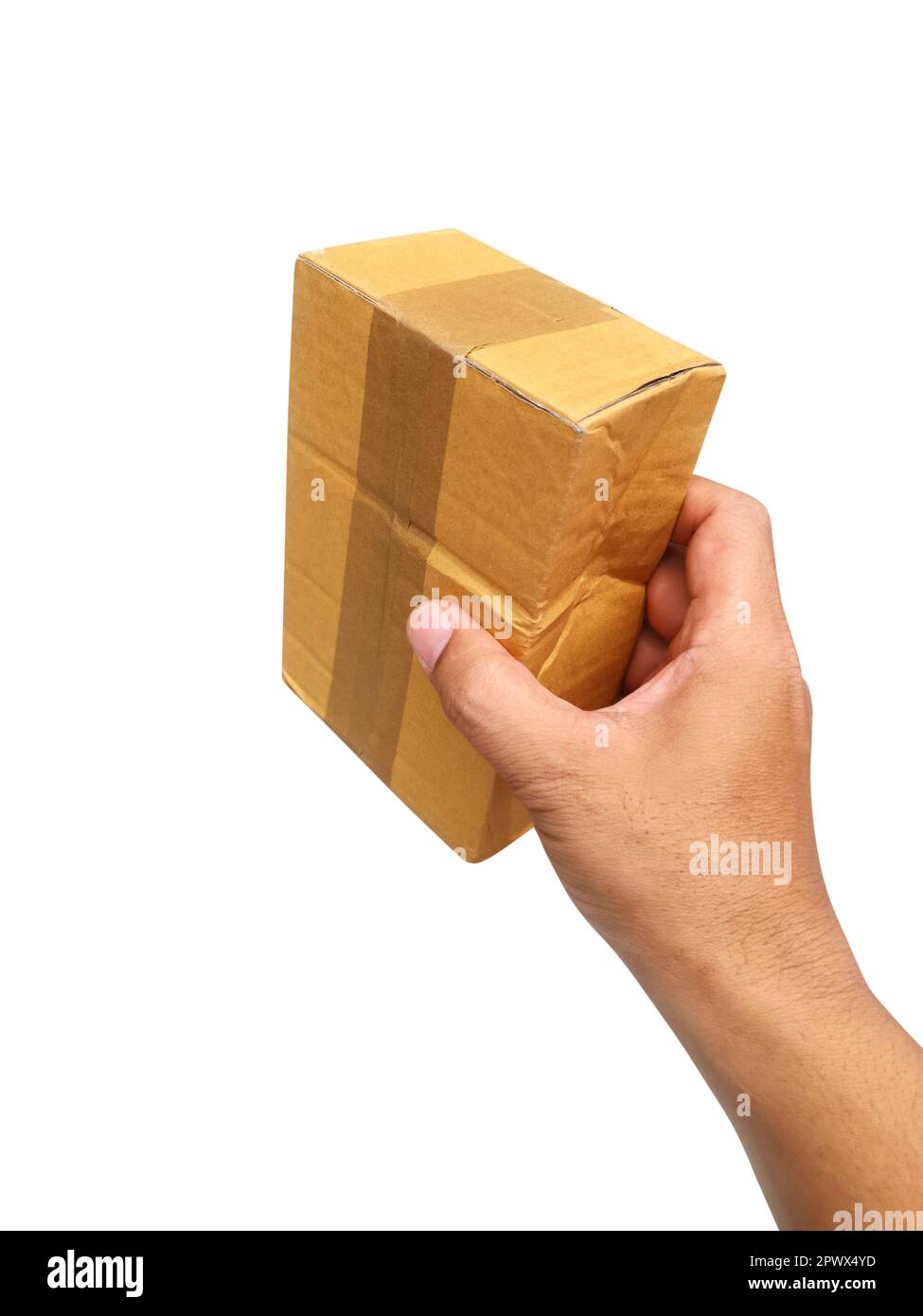 hand holding brown paper box package isolated on white background Stock ...