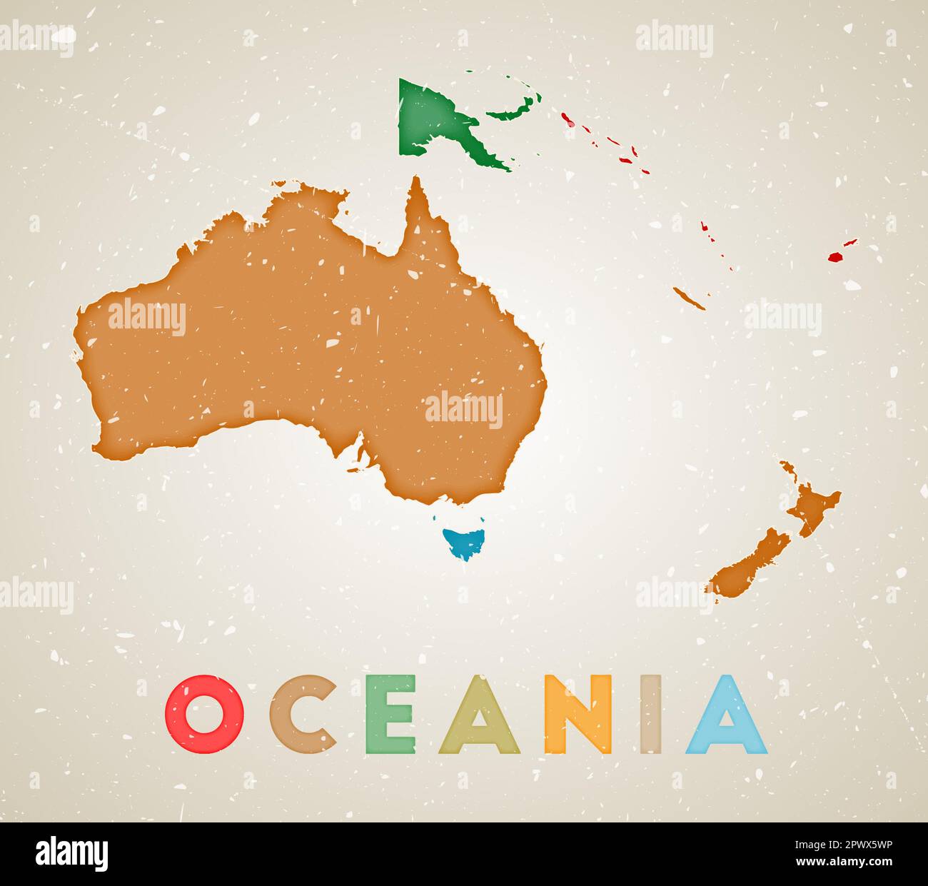 Oceania map. Continent poster with colored regions. Old grunge texture ...