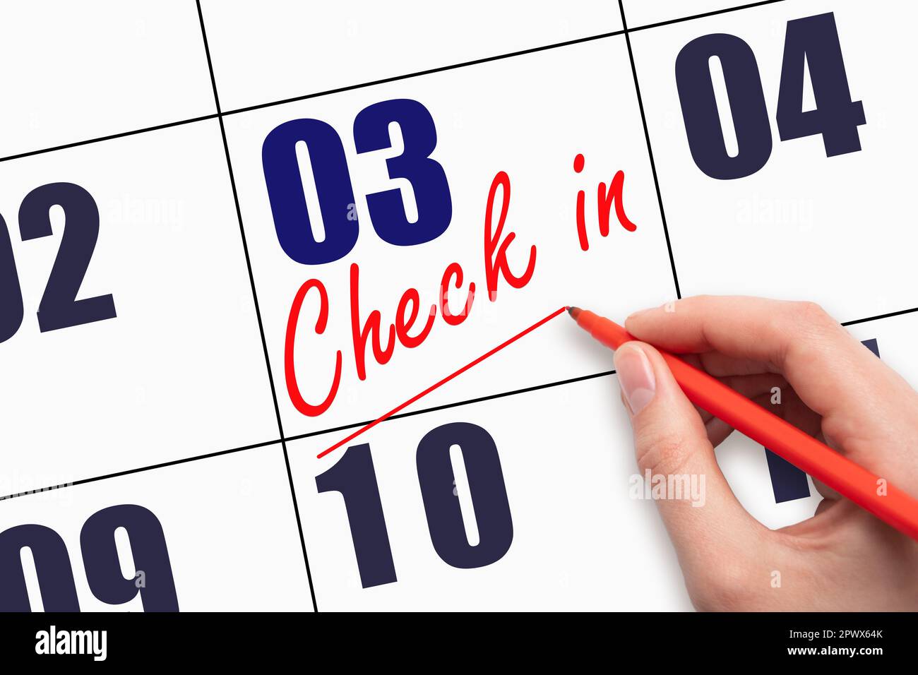 3rd day of the month. Hand writing CHECK IN and drawing a line on ...