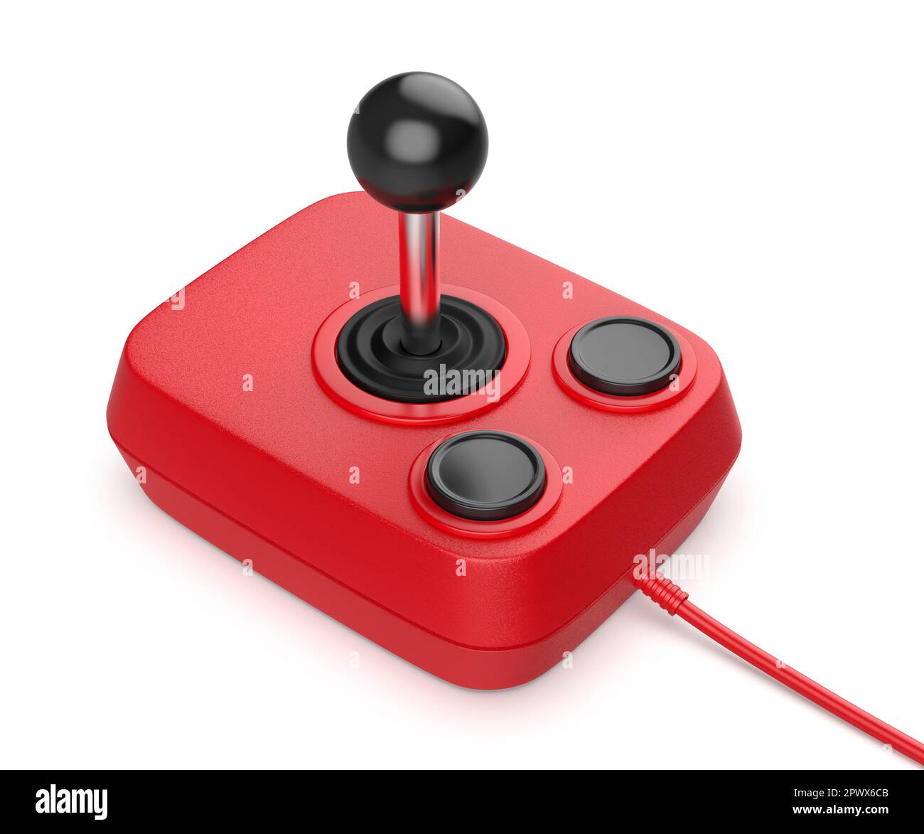Red vintage computer joystick with two buttons on white background ...