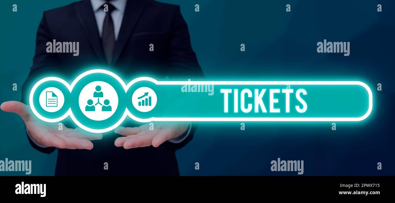 Text caption presenting Tickets, Business overview small paper bought ...