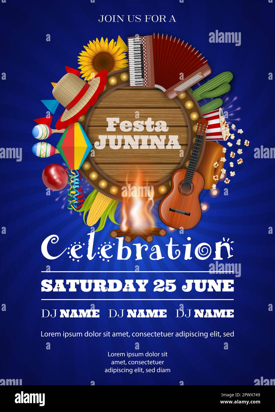 Festa Junina poster with brazilian elements and accordion. June ...