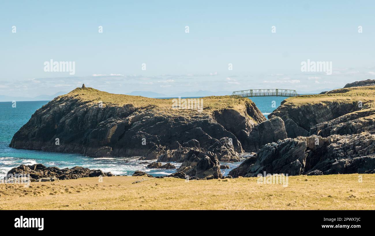 Aerial view of iron age fort Dun Eistean on the Isle of Lewis, Scotland ...
