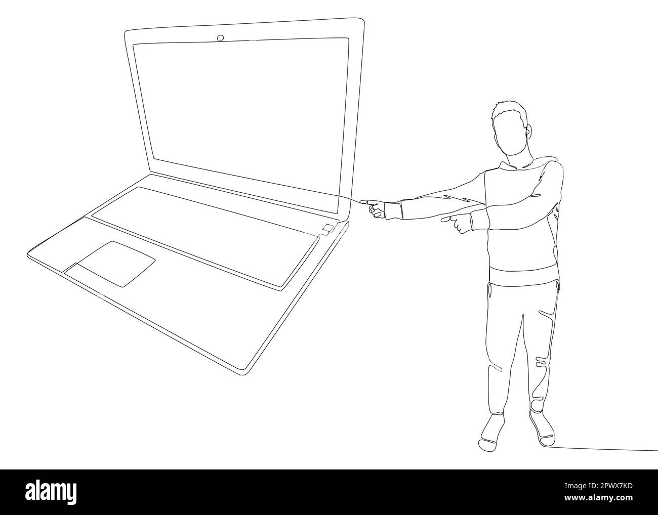 One continuous line of Man pointing with finger at laptop. Thin Line ...