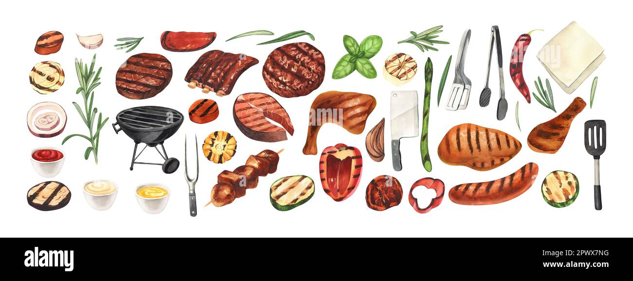 Watercolor barbecue elements set. Collection of equipment for cooking ...