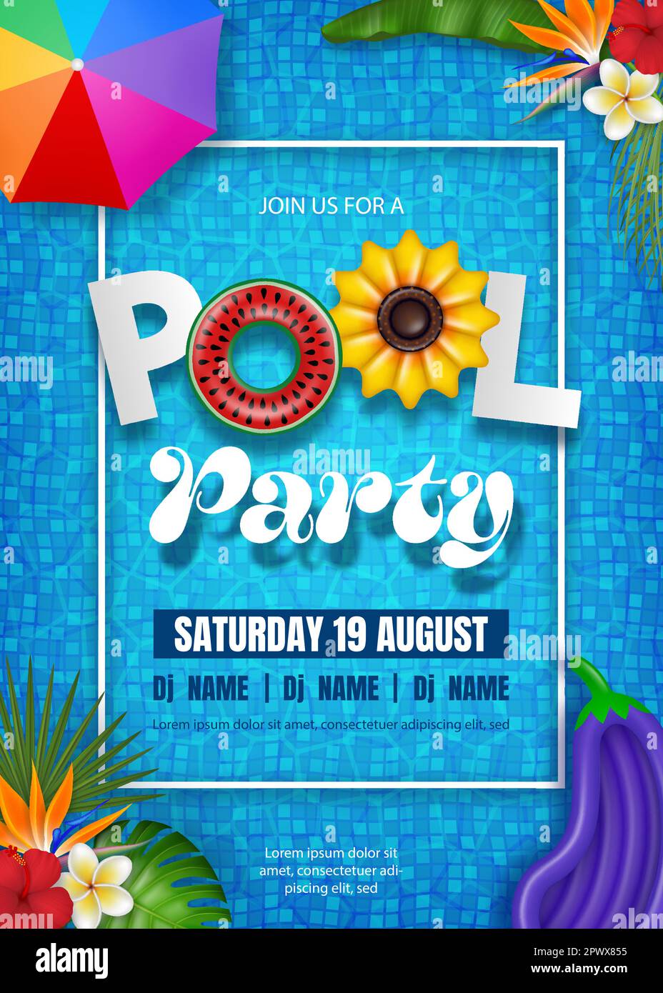 Summer background with colorful inflatables on pool water. Summer ...