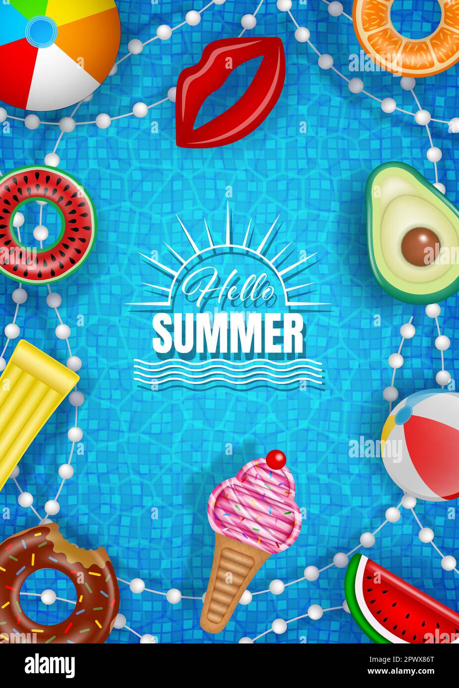 Summer background with colorful inflatables on pool water. Summer ...