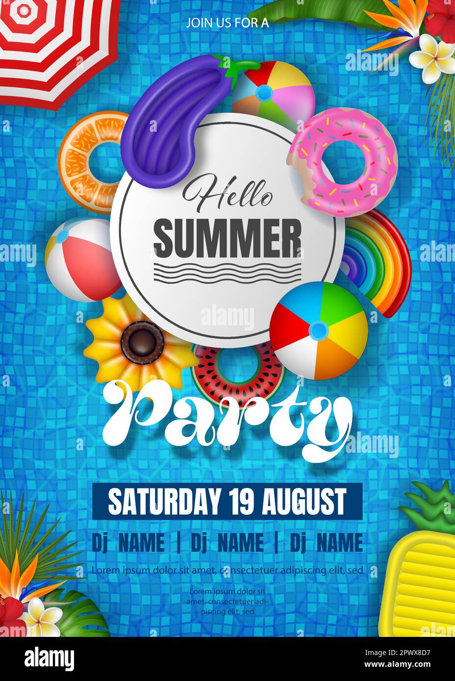 Summer background with colorful inflatables on pool water. Summer ...