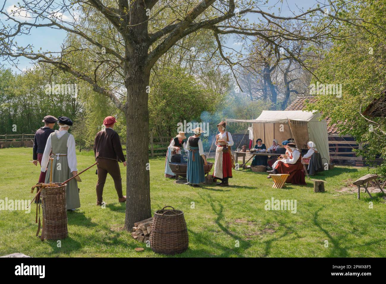 Tudor England, view in summer of participants in a Tudor re enactment ...
