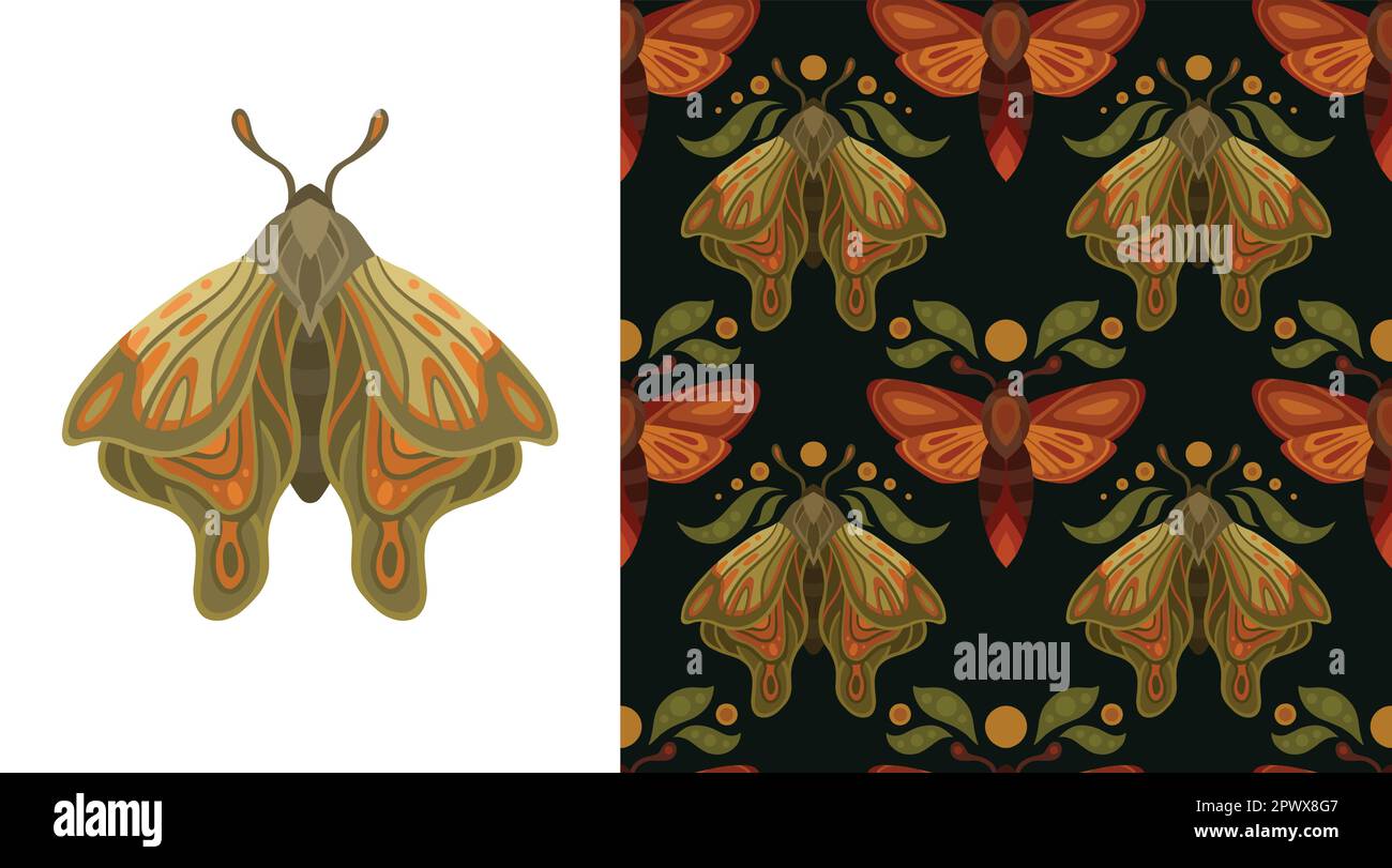 Vector set of mystical seamless pattern and card with moths, leaves and moons. Collection of ...