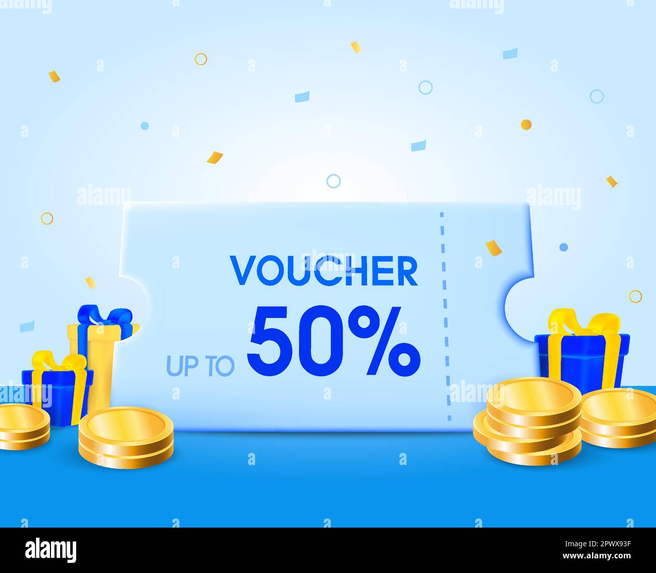 3d blue voucher, coupon with gift box and gold coins on confetti ...