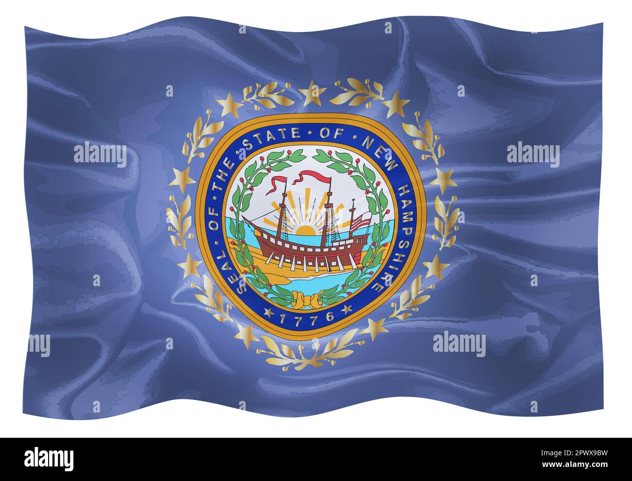The state flag of the US state of New Hampshire fluttering on a white ...