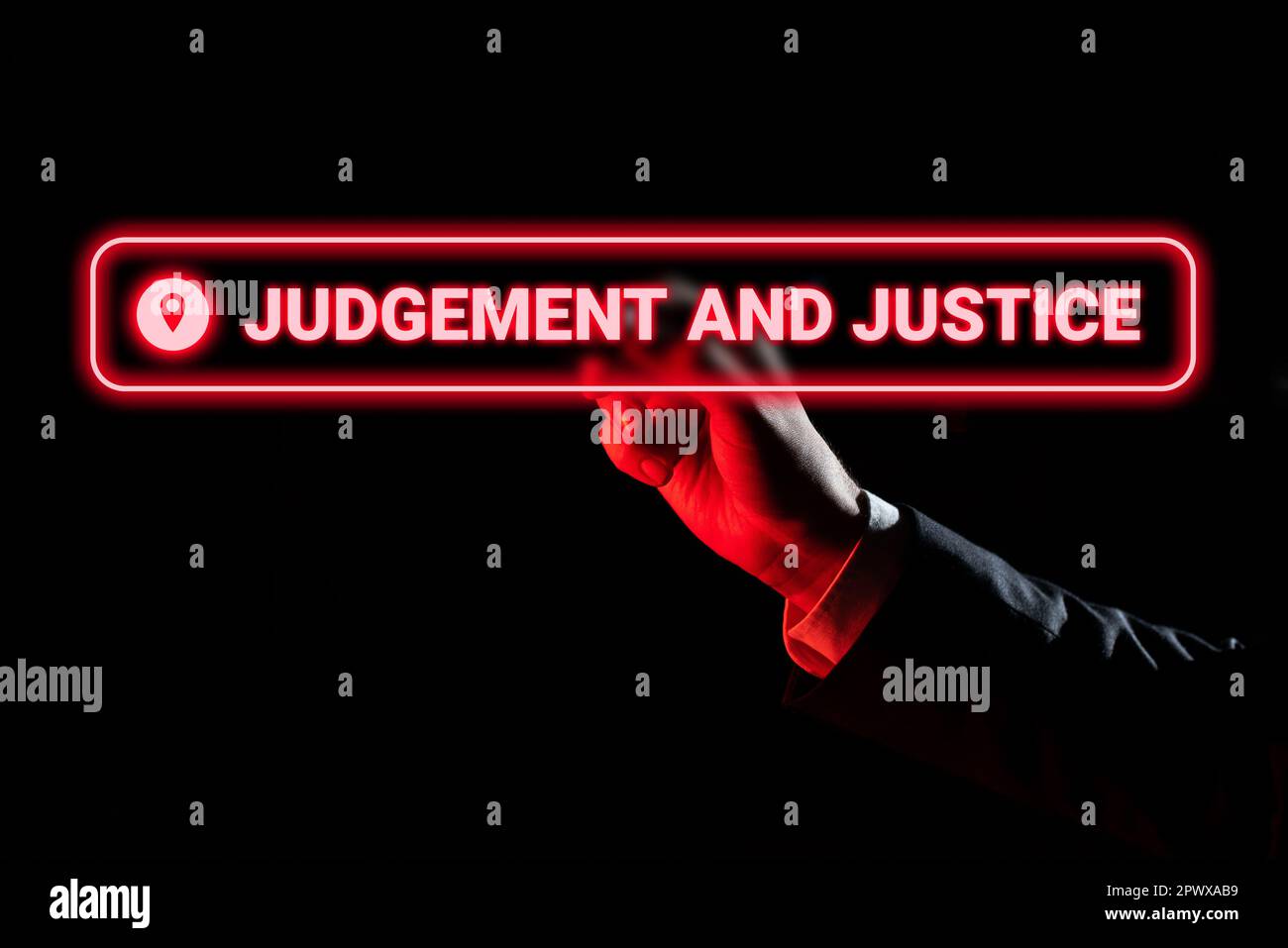 Sign displaying Judgement And Justice, Word Written on system of laws ...