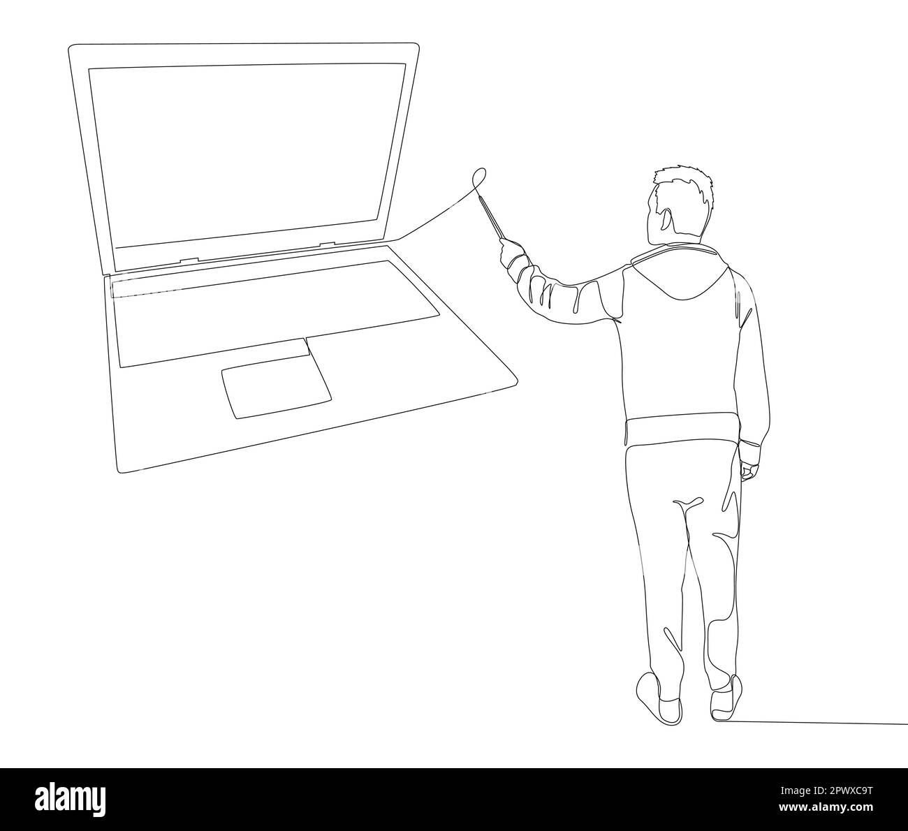 One continuous line of Man pointing with finger at laptop. Thin Line ...