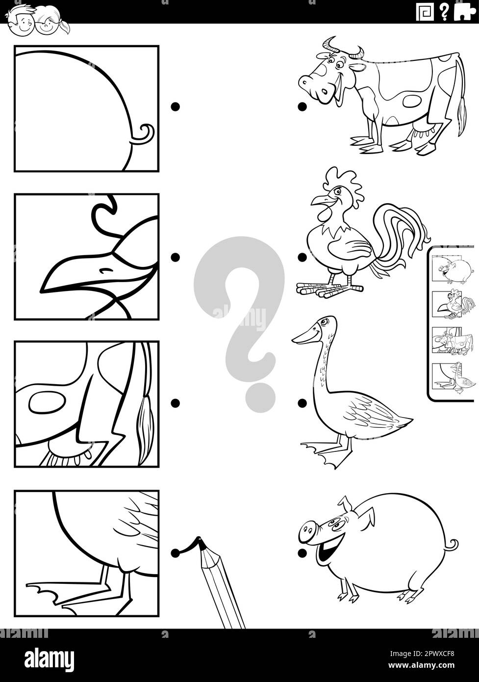 Black and white cartoon illustration of educational matching game with ...