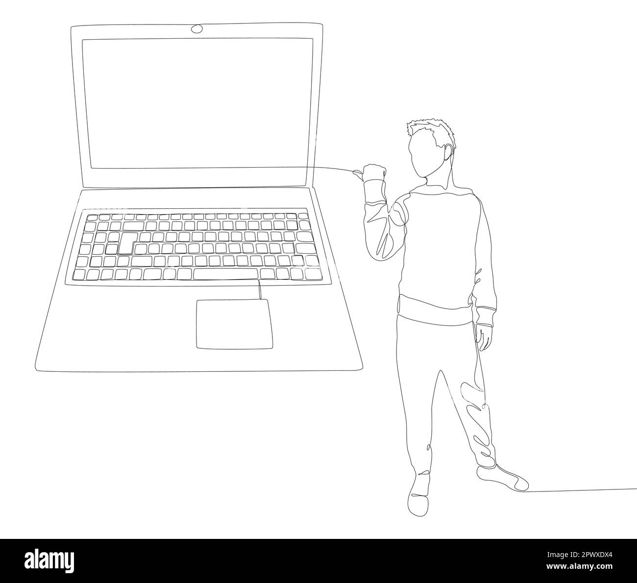 One continuous line of Man pointing with finger at laptop. Thin Line ...