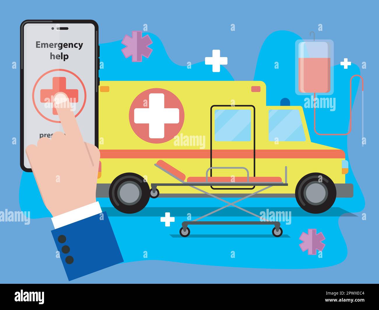 compositional image consists of cell phone, hand, ambulance, drip and ...