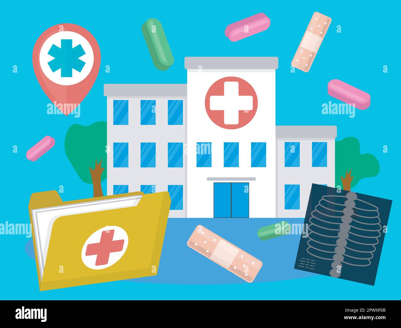 medical compositional image consists of pills, hospital building, patch ...