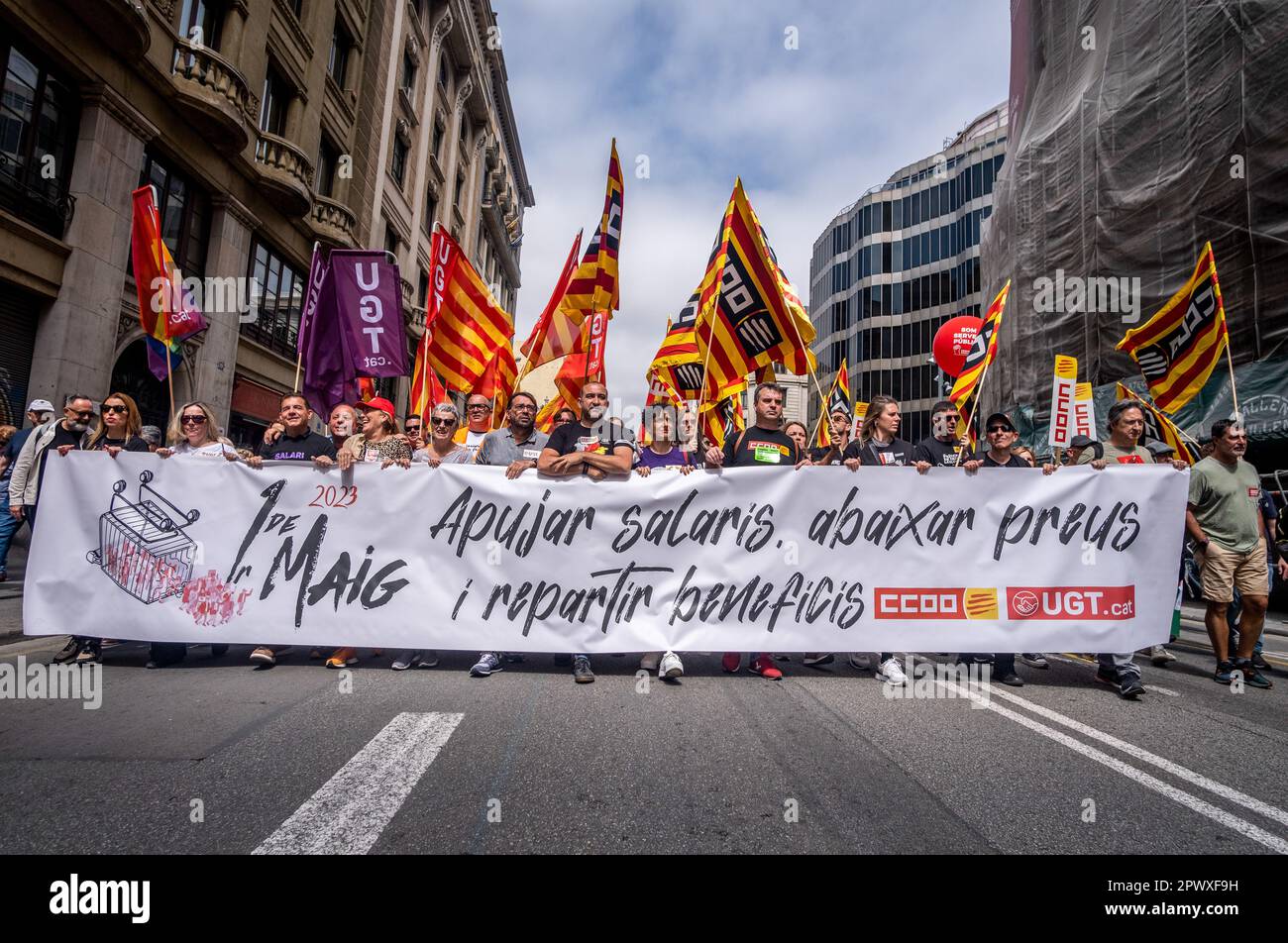 Barcelona, Spain. 01st May, 2023. Protesters hold flags and the unitary ...