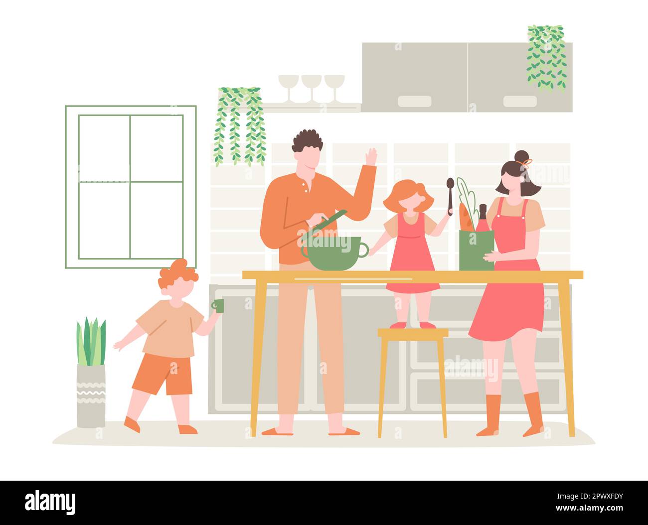 Family cooking together. Children helping parents to prepare dinner in ...