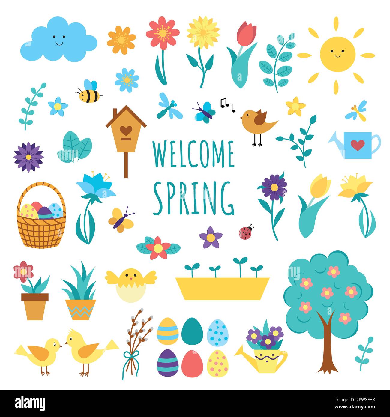 Big set of spring elements with flowers, birds Stock Vector Image & Art ...