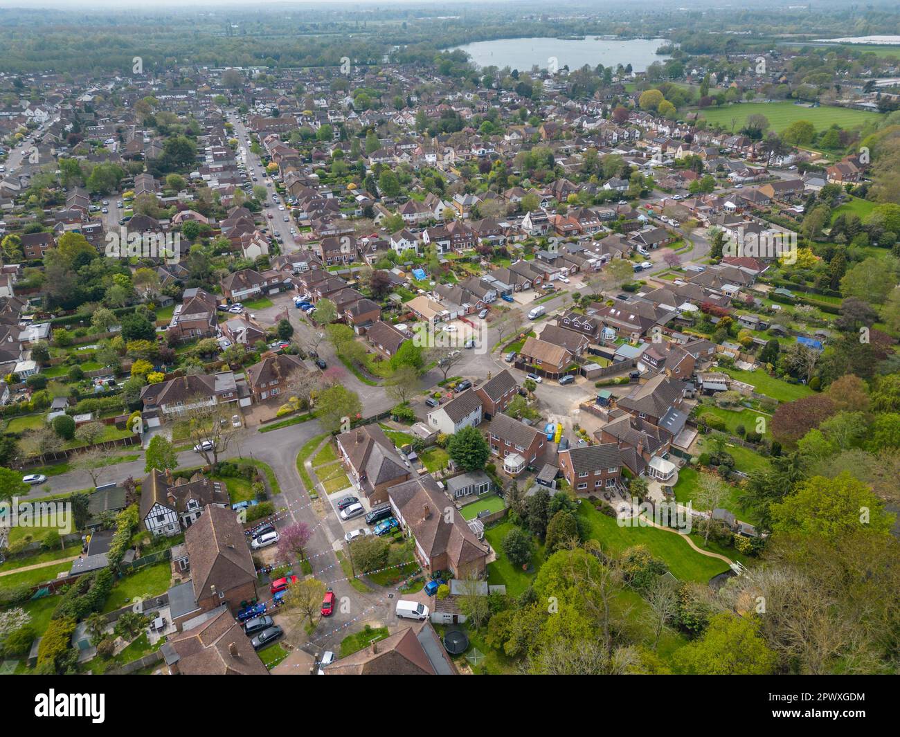 Aerial view of houses in part of Shepperton, near Queen Mary Reservoir ...