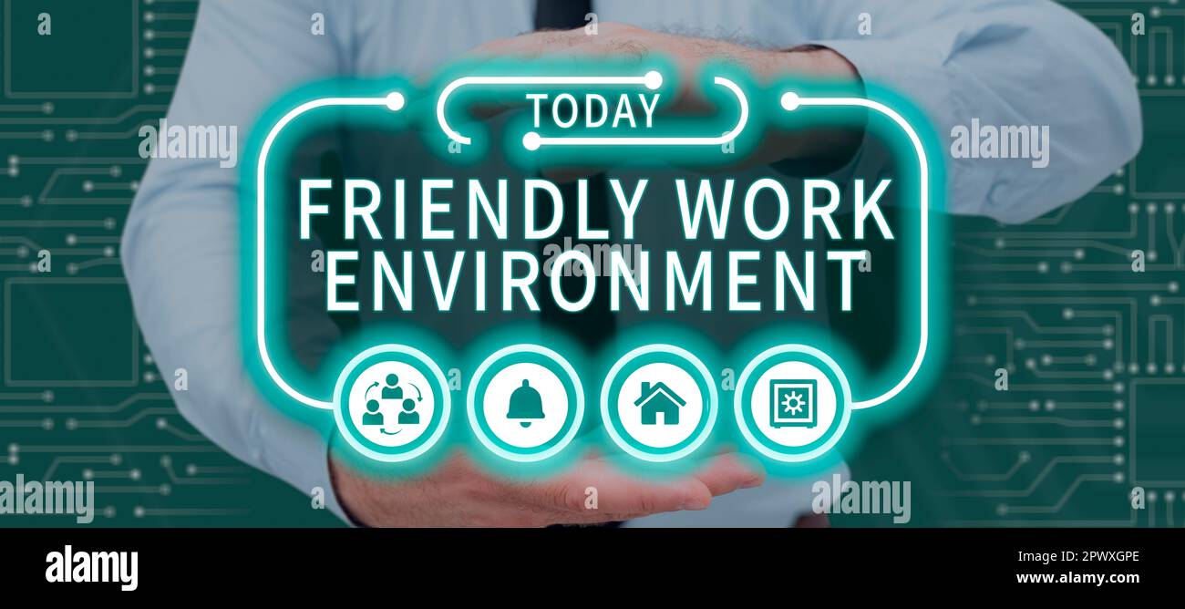 Hand writing sign Friendly Work Environment, Business idea future city ...