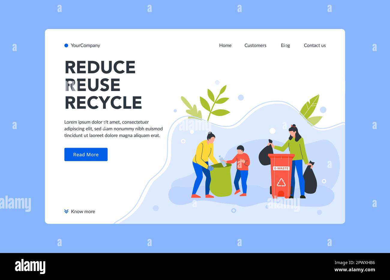 Reduce reuse and recycle trash landing page. Protecting environment from pollution. People ...
