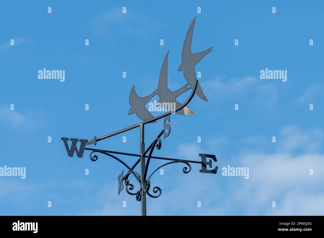 Weather vane with three swallows on the village hall in Selborne ...
