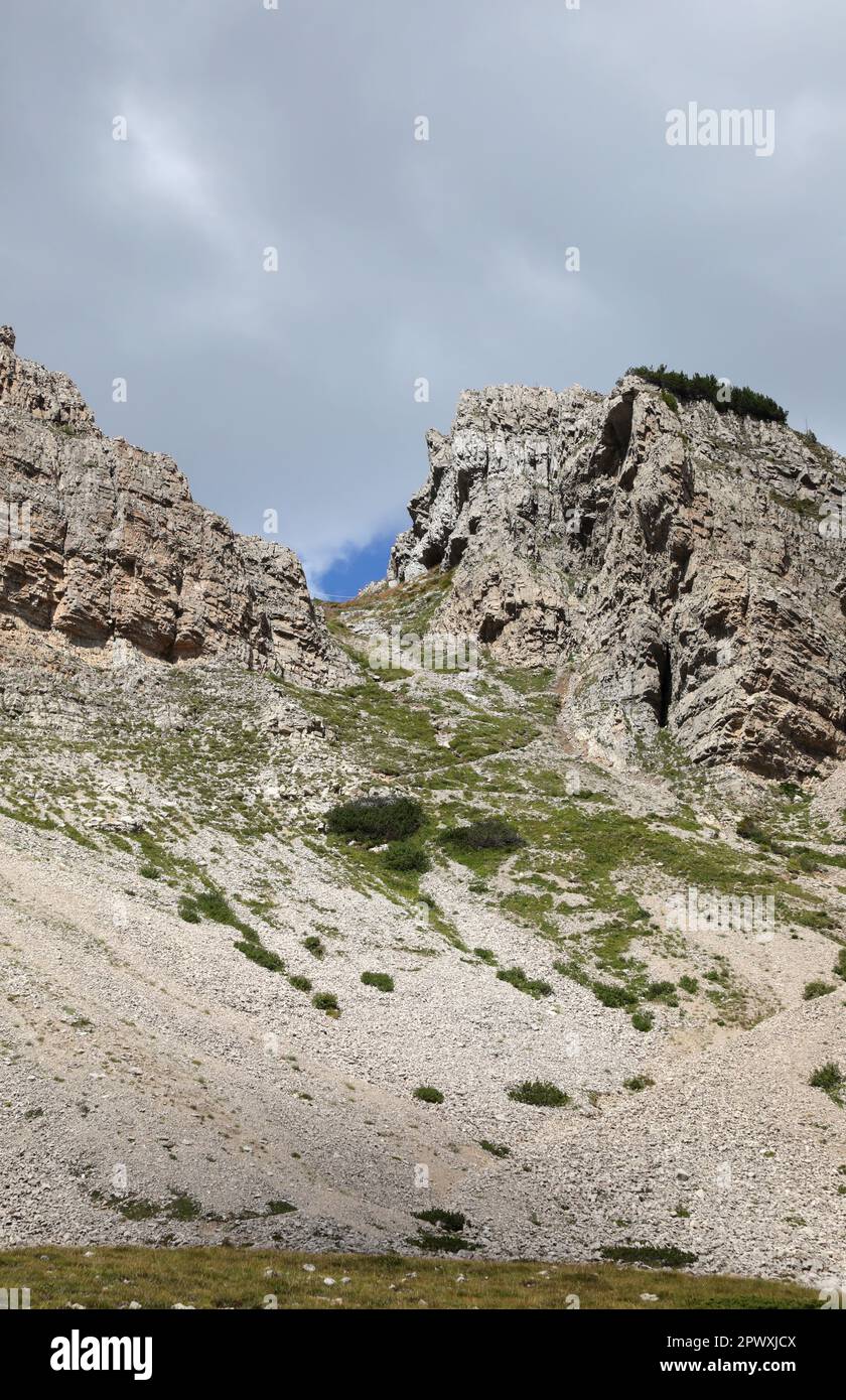 alpine pass between mountains in Northern Italy of Dolomites Stock ...