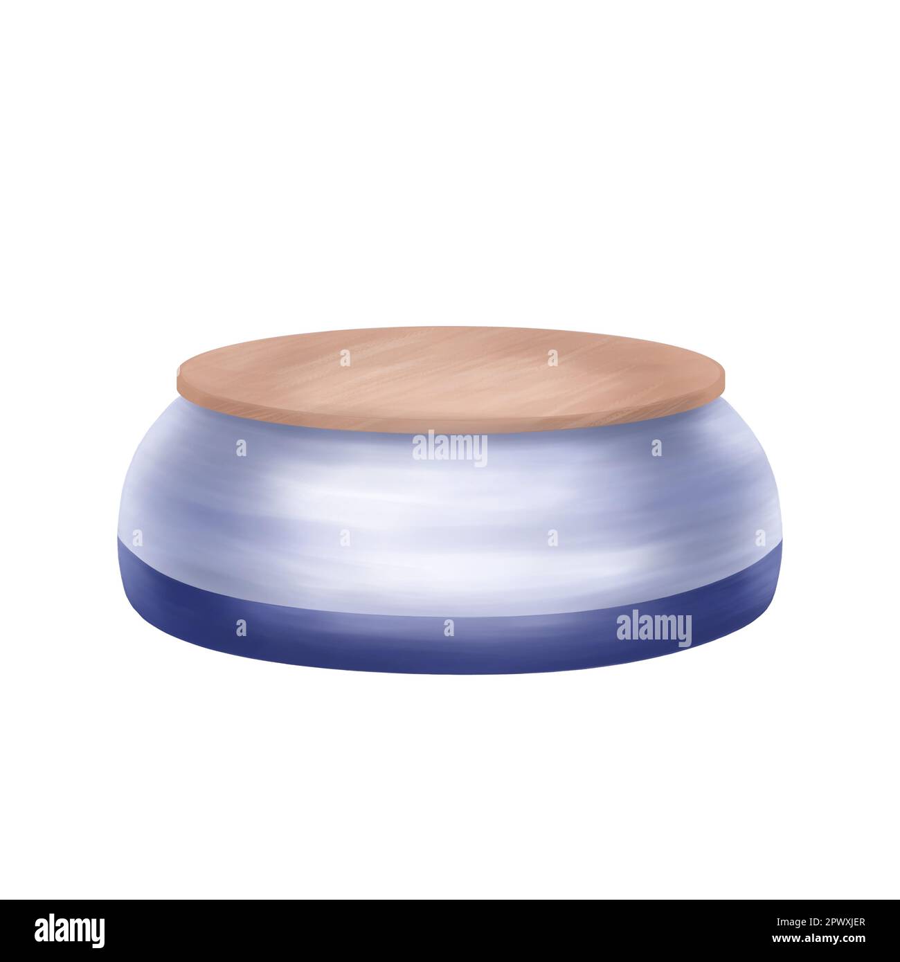 A blue round box with a lid and a pedestal made of light wood. Digital ...