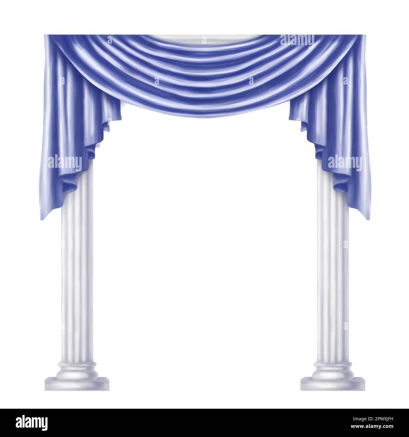 An arch of white marble columns and hanging drapery curtains in the ...