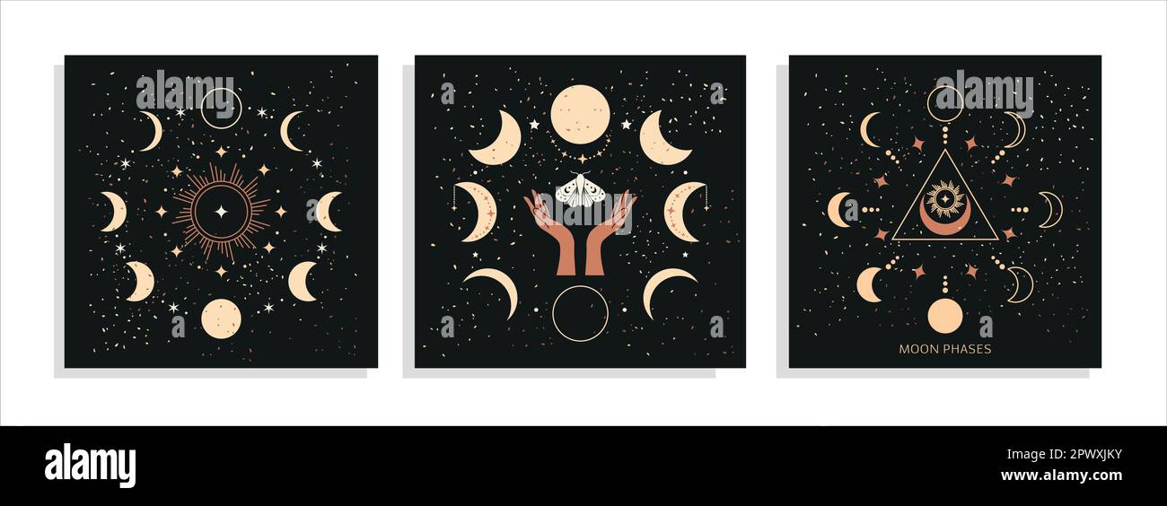 Banner set Mystical moon phases and woman hands and moth, alchemy ...