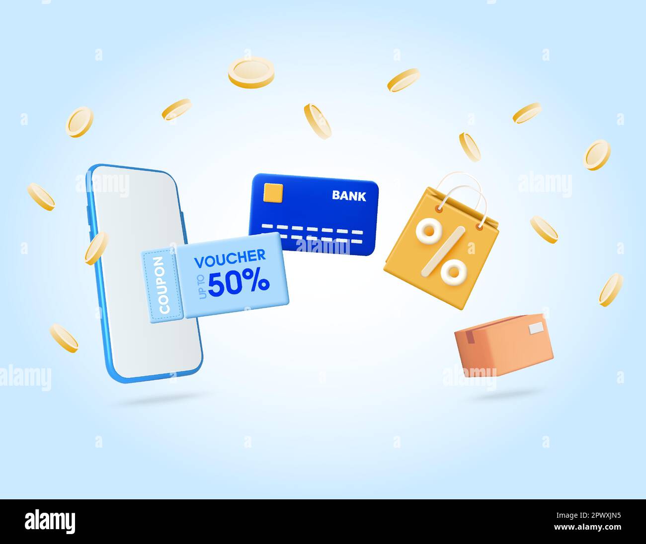 Money transfer from 3d mobile phone, voucher, coupon, credit card ...