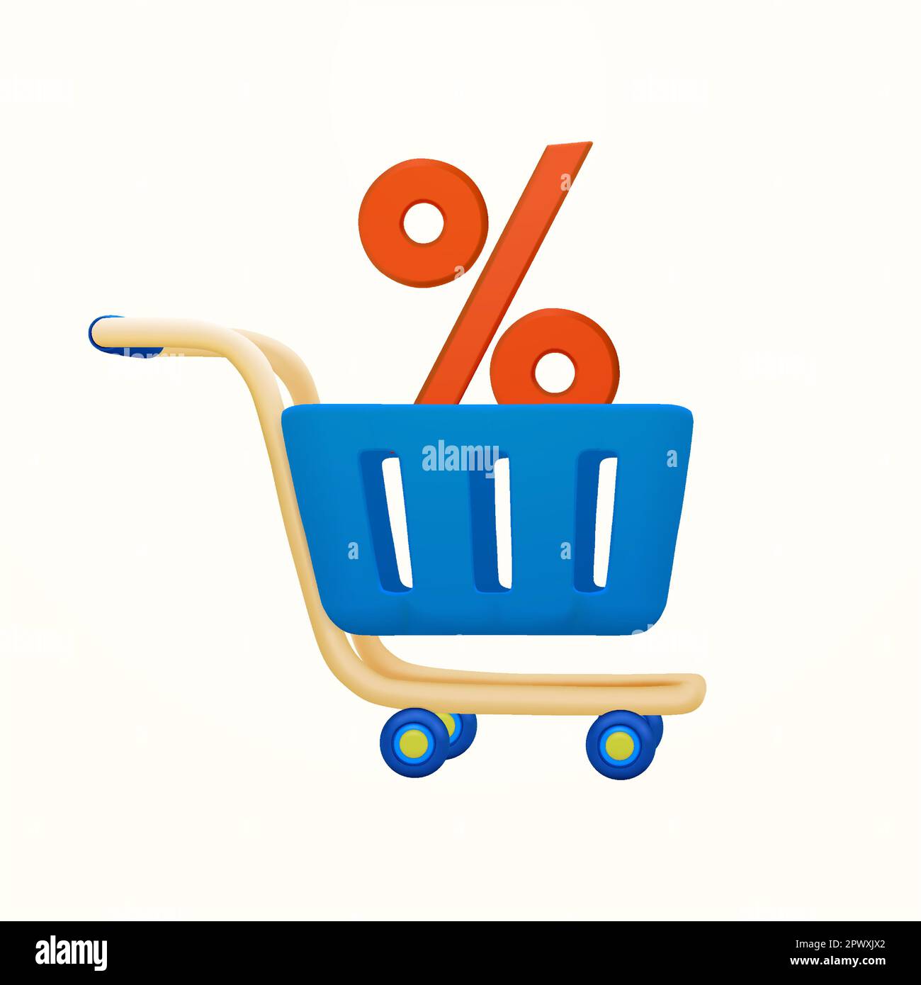 3d Red percentage symbol in blue shopping cart. Supermarket shopping ...