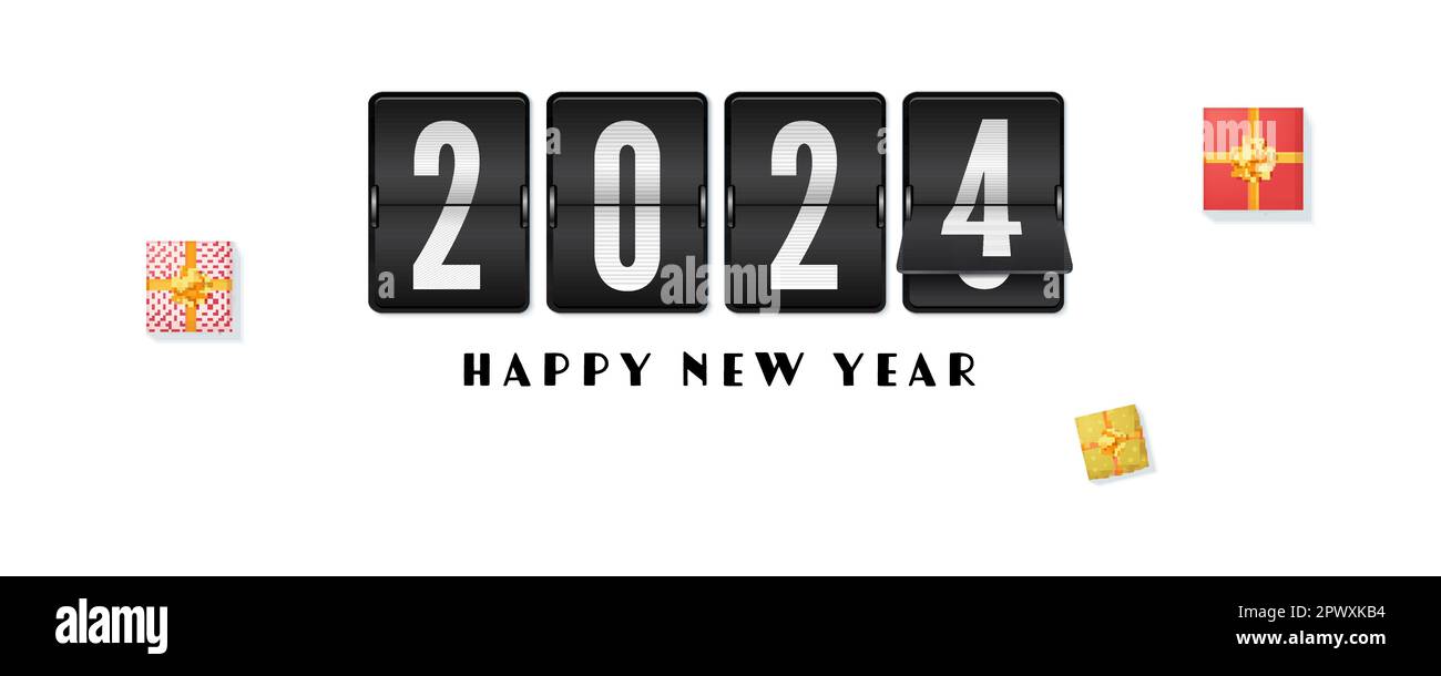Happy New Year 2024. Analog mechanical countdown and gift boxes on ...