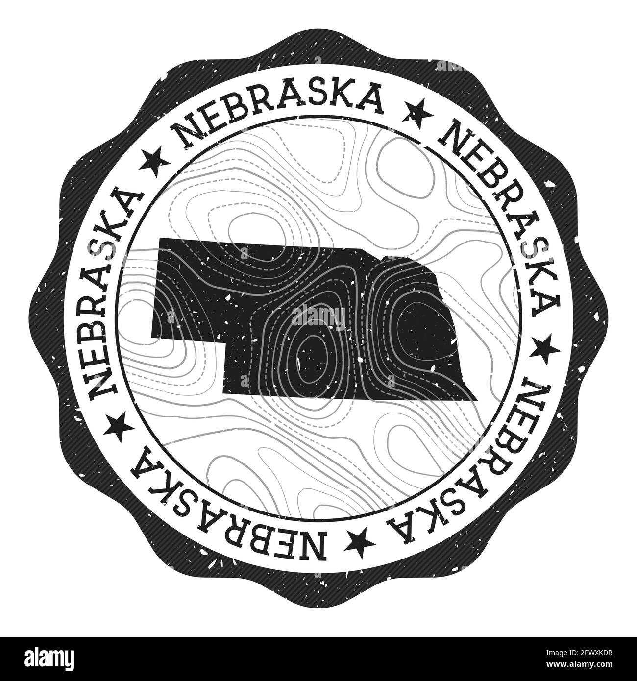 Nebraska outdoor stamp. Round sticker with map of US state with ...