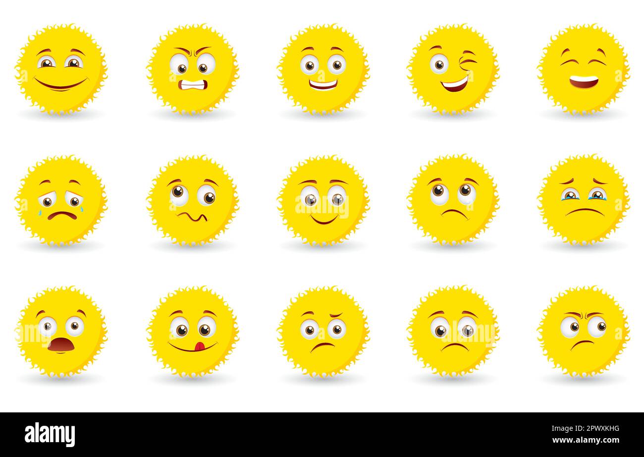 Vector illustration of the sun with different emotions on the face ...