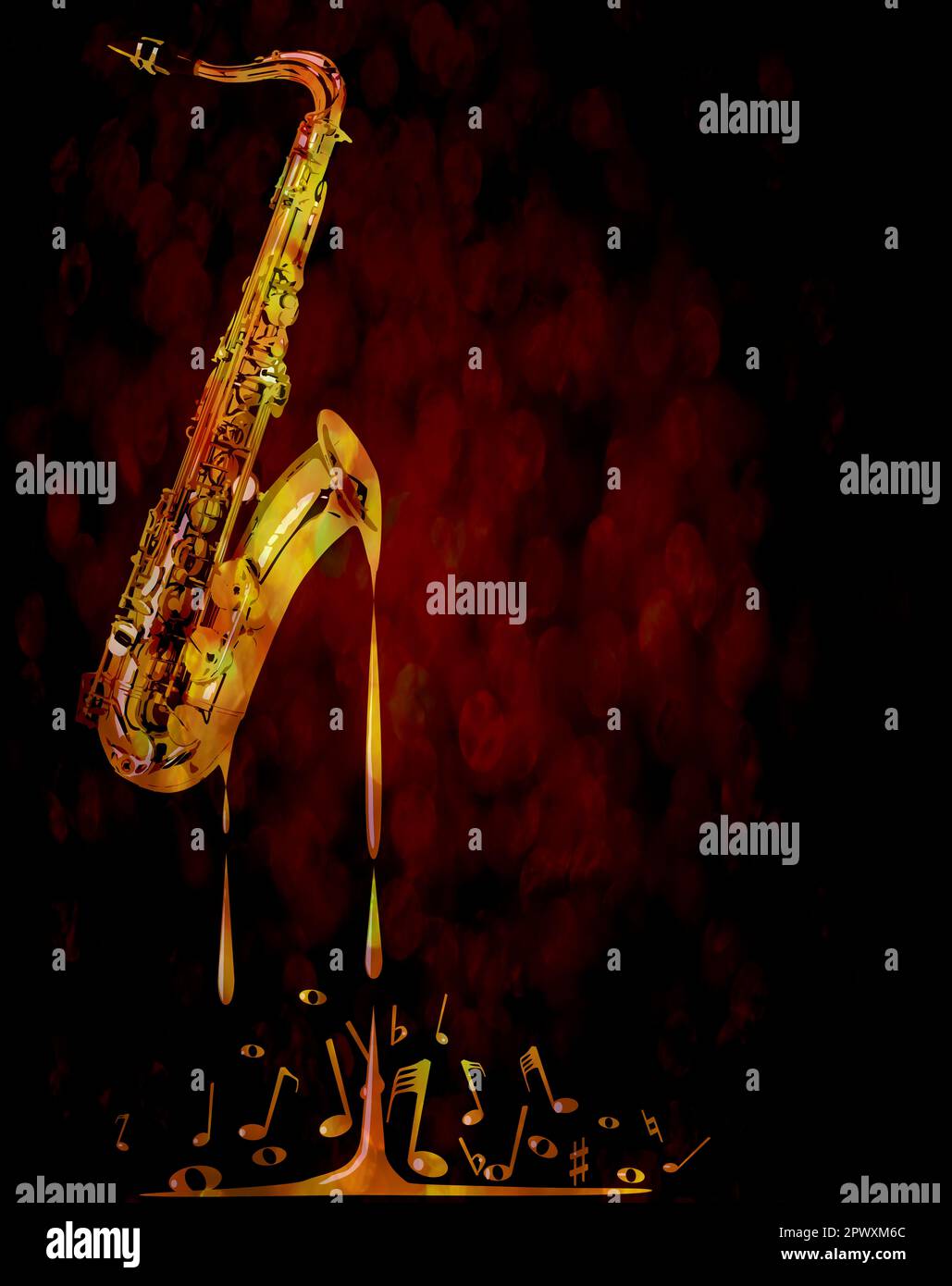 A saxophone melting into musical notes over a red background Stock ...